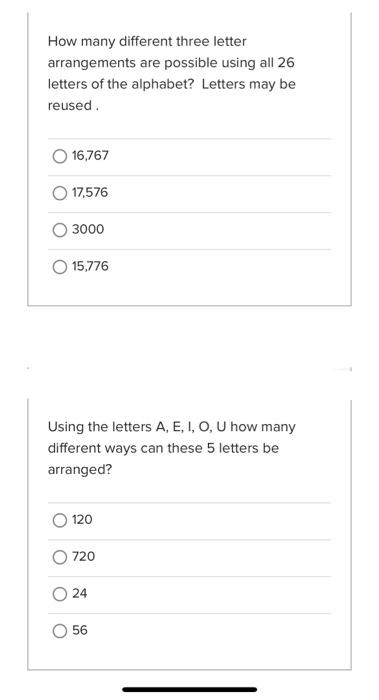 Solved How many different three letter arrangements are | Chegg.com