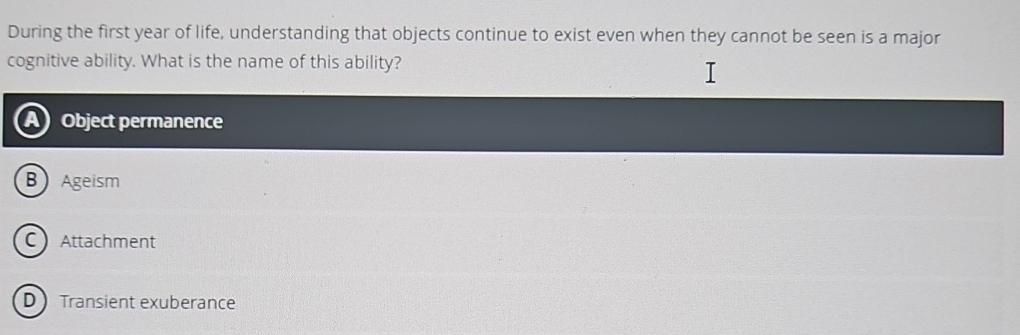 Solved During the first year of life, understanding that | Chegg.com