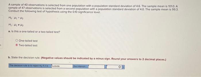 Solved A sample of 40 observations is selected from one | Chegg.com
