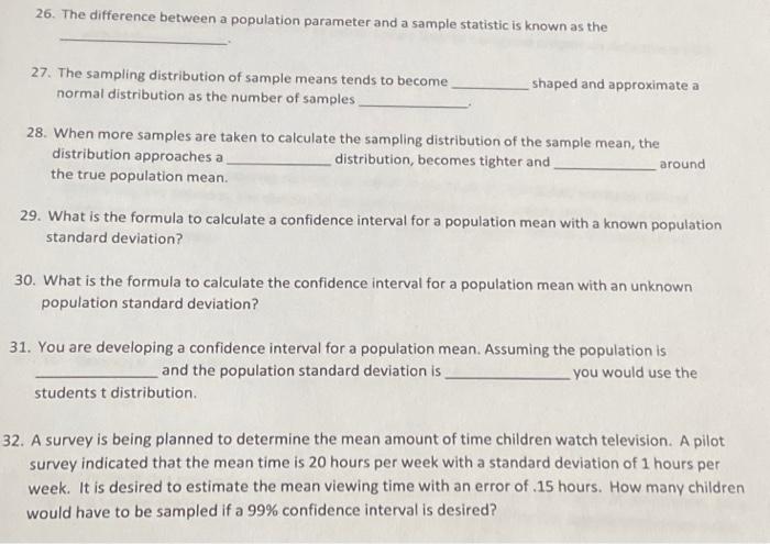 Solved 26. The difference between a population parameter and | Chegg.com