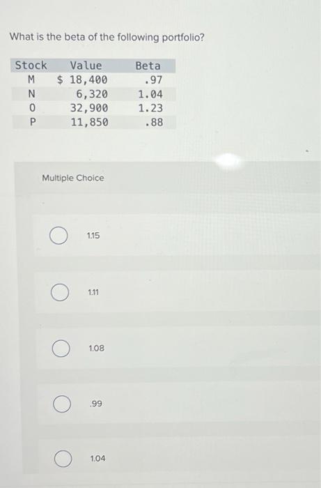 Solved What is the beta of the following portfolio? Multiple | Chegg.com