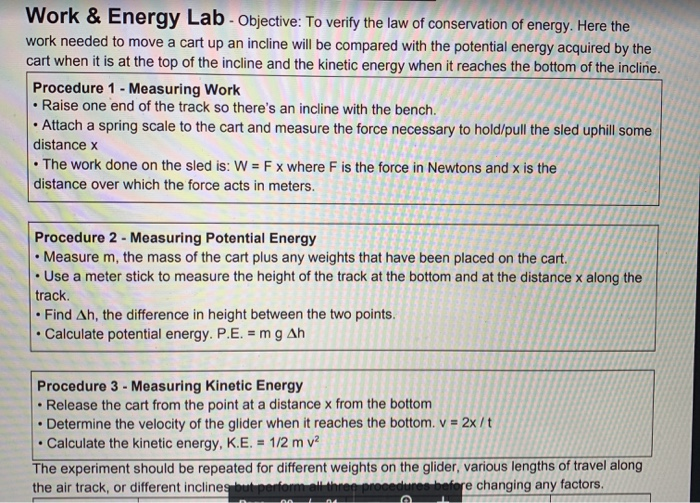 Work & Energy Lab - Objective: To verify the law of | Chegg.com