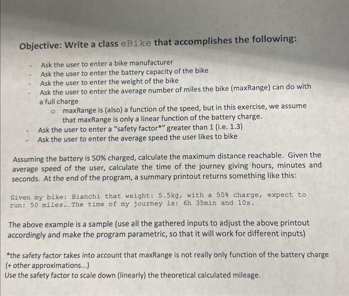 Solved Objective: Write a class eBi ke that accomplishes the | Chegg.com