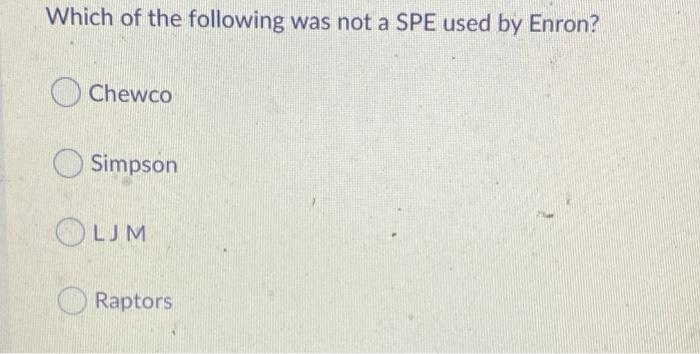 Solved Which of the following was not a SPE used by Enron? | Chegg.com
