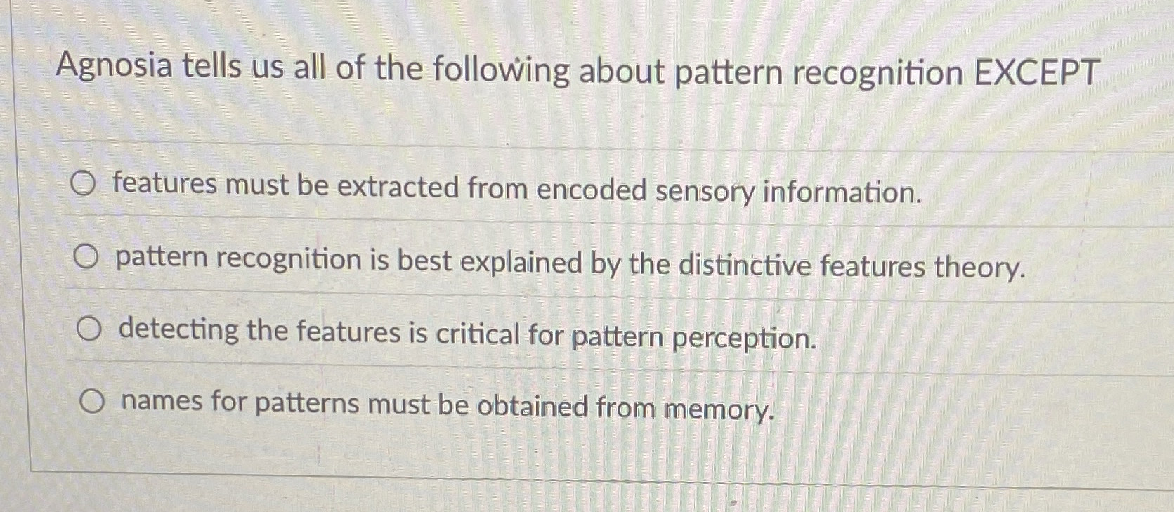 Solved Agnosia tells us all of the following about pattern | Chegg.com