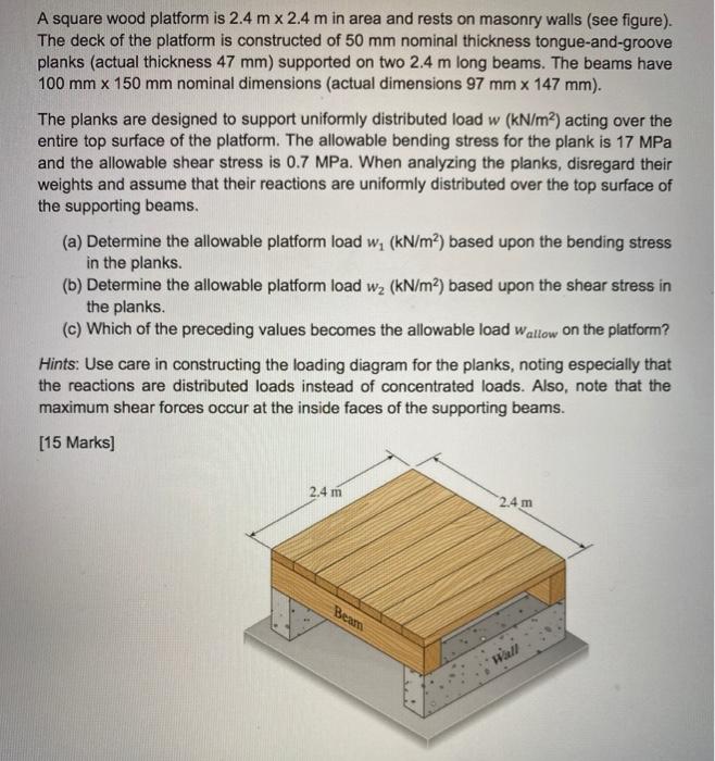 Solved A square wood platform is 2.4 m x 2.4 m in area and | Chegg.com