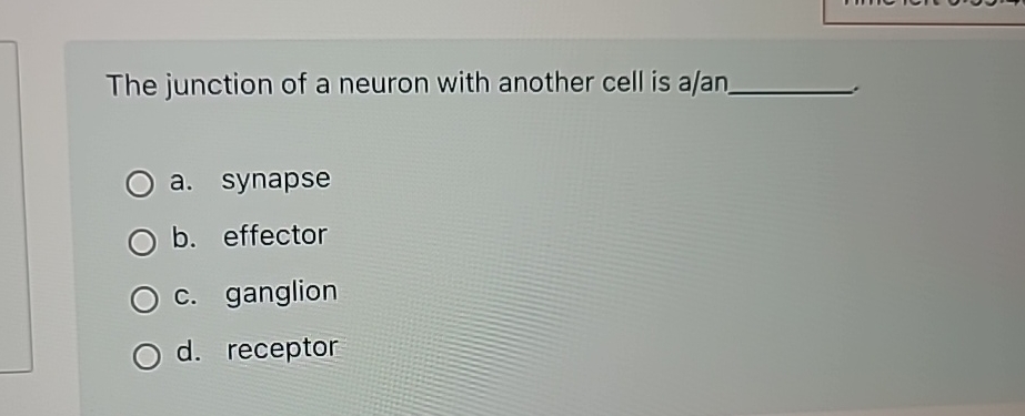 Solved The junction of a neuron with another cell is a/ana. | Chegg.com