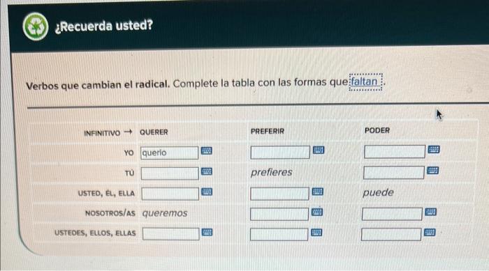 Verbos que cambian el radical. Complete la tabla con | Chegg.com