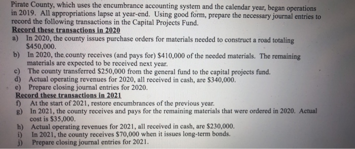 Solved Pirate County, which uses the encumbrance accounting | Chegg.com