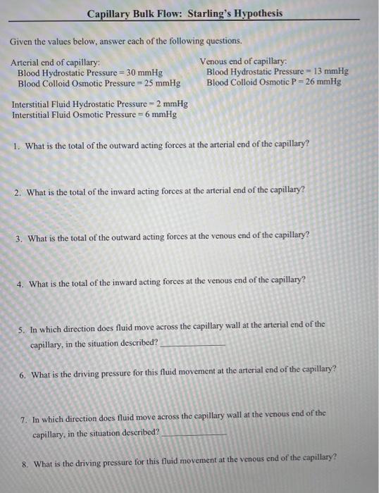 Solved Capillary Bulk Flow: Starling's Hypothesis Given the | Chegg.com