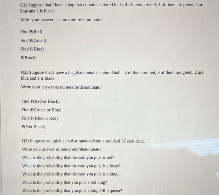 Solved Q1) Suppose that I have a bag that contains colored | Chegg.com