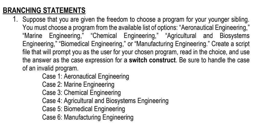 Solved BRANCHING STATEMENTS 1. Suppose that you are given | Chegg.com