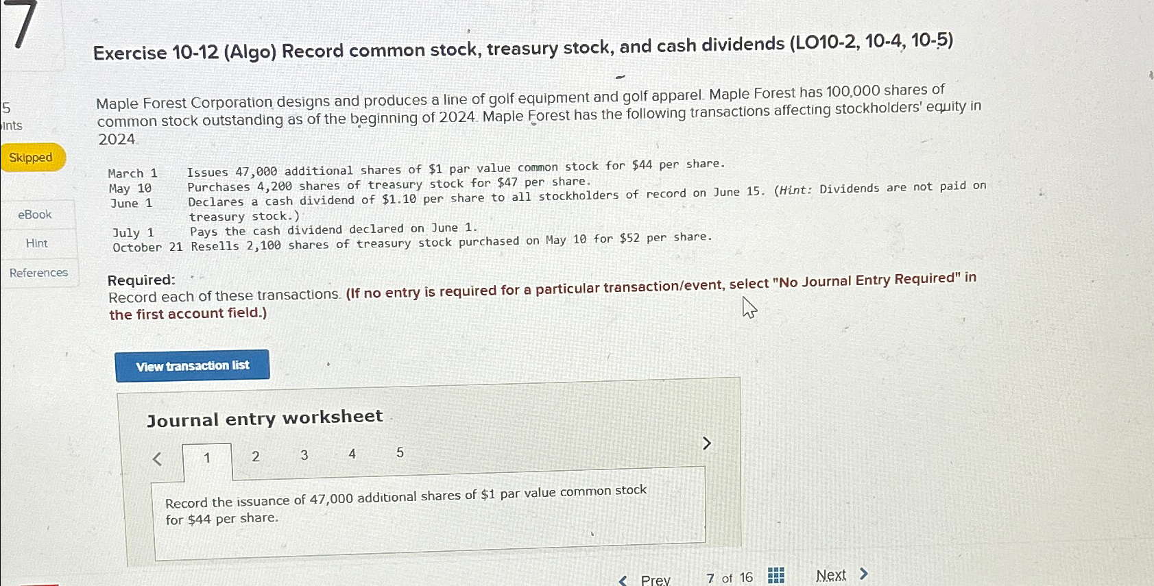 Solved Exercise 10-12 (Algo) ﻿Record common stock, treasury | Chegg.com