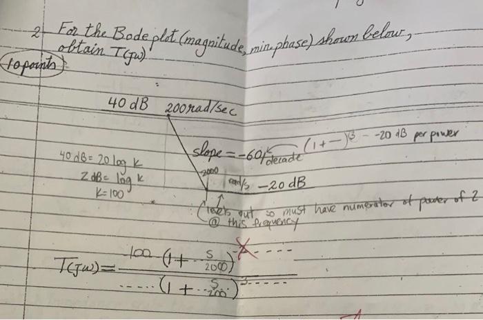 Solved 2. For the Bode plot (magnitude, min phase) shown | Chegg.com