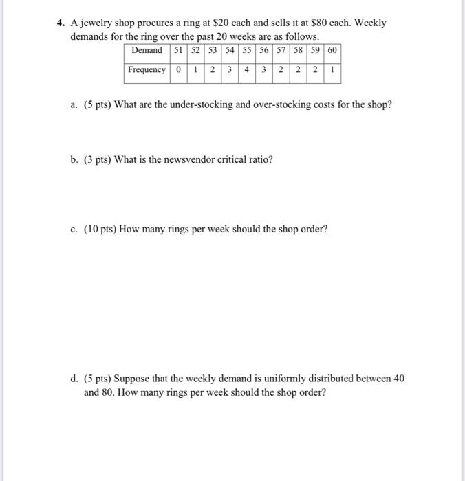 Solved 4. A jewelry shop procures a ring at $20 each and | Chegg.com