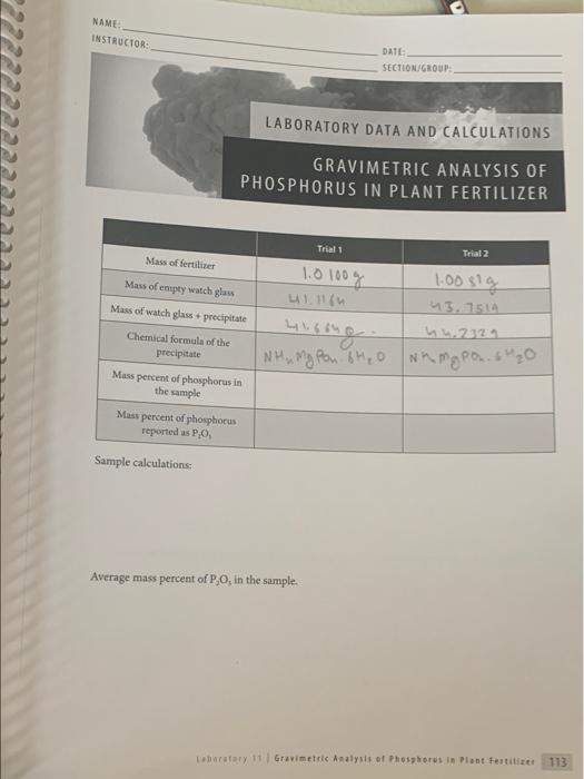 Solved LABORATORY 11 GRAVIMETRIC ANALYSIS OF PHOSPHORUS IN | Chegg.com