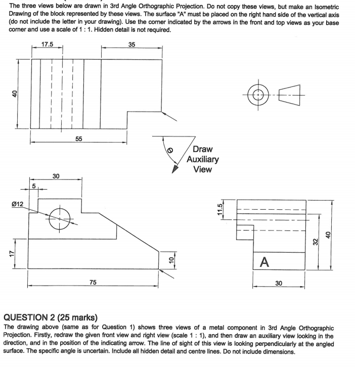 Solved The three views below are drawn in 3rd Angle | Chegg.com