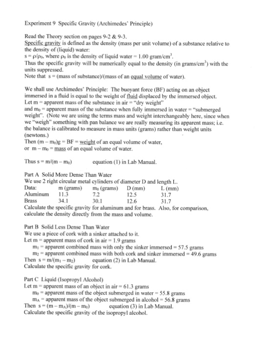 Solved Experiment 9 Specific Gravity (Archimedes' Principle) | Chegg.com
