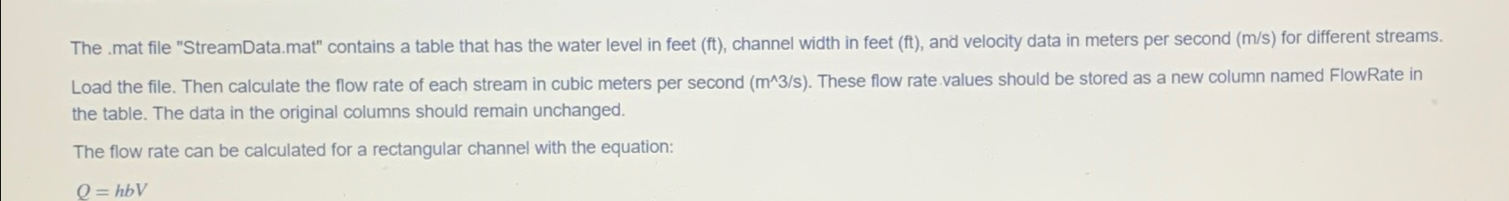 Solved The .mat file "StreamData.mat" contains a table that | Chegg.com