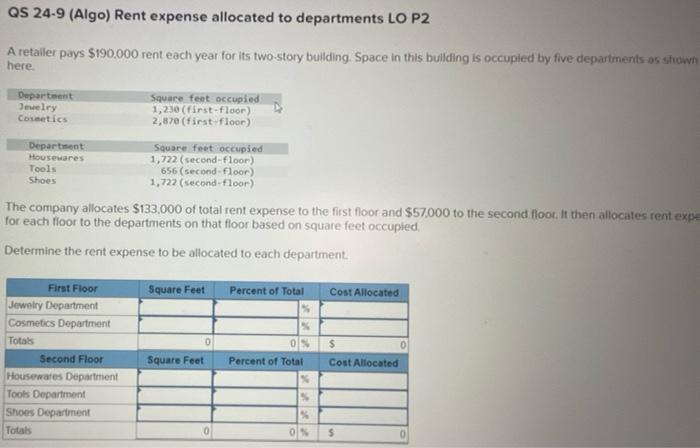 Solved QS 24-9 (Algo) Rent expense allocated to departments | Chegg.com