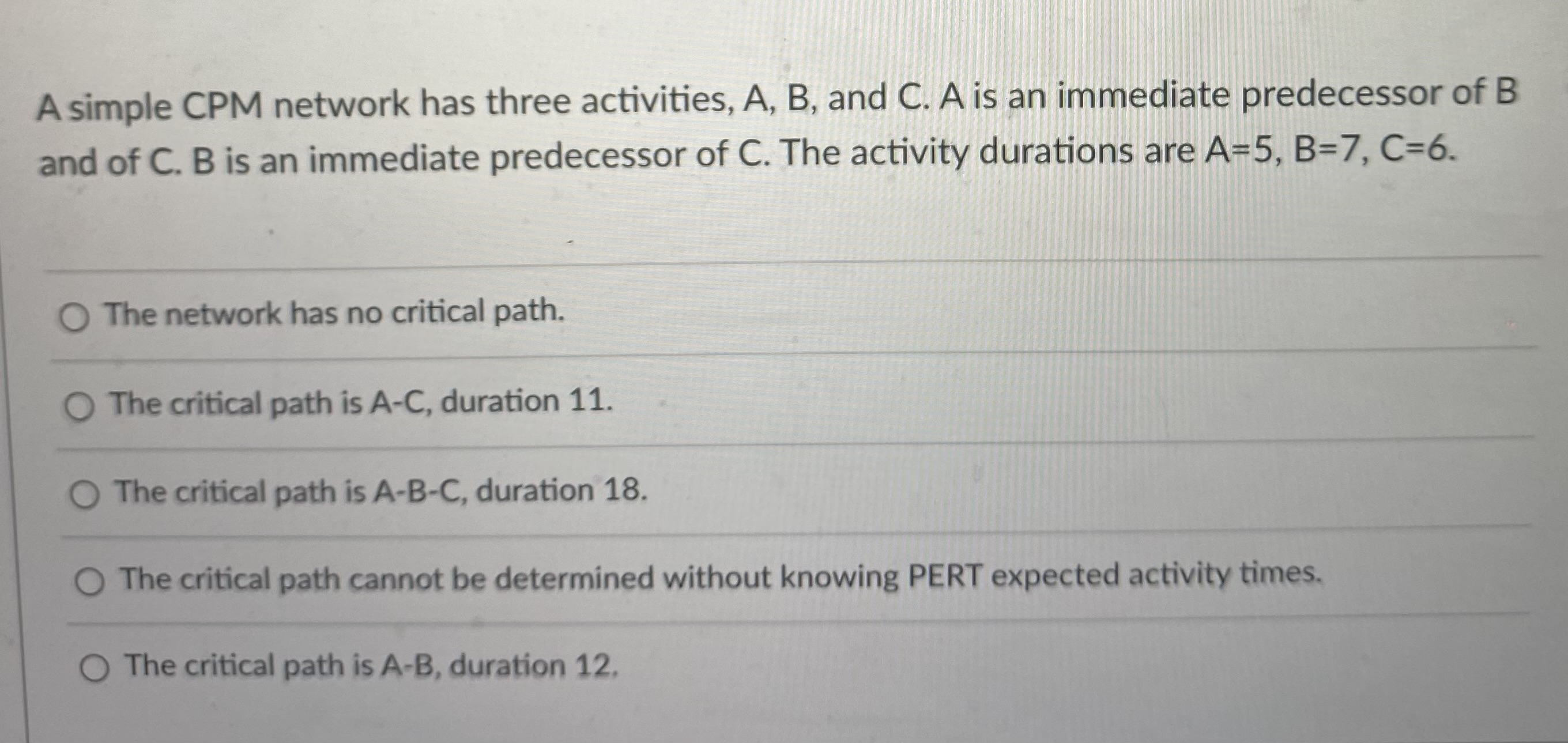 Solved A simple CPM network has three activities, A, ﻿B, | Chegg.com