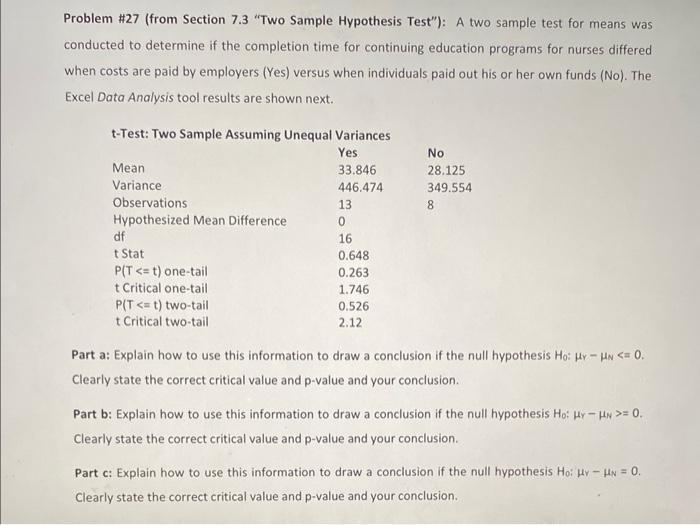 Solved Problem \#27 (from Section 7.3 "Two Sample Hypothesis | Chegg.com