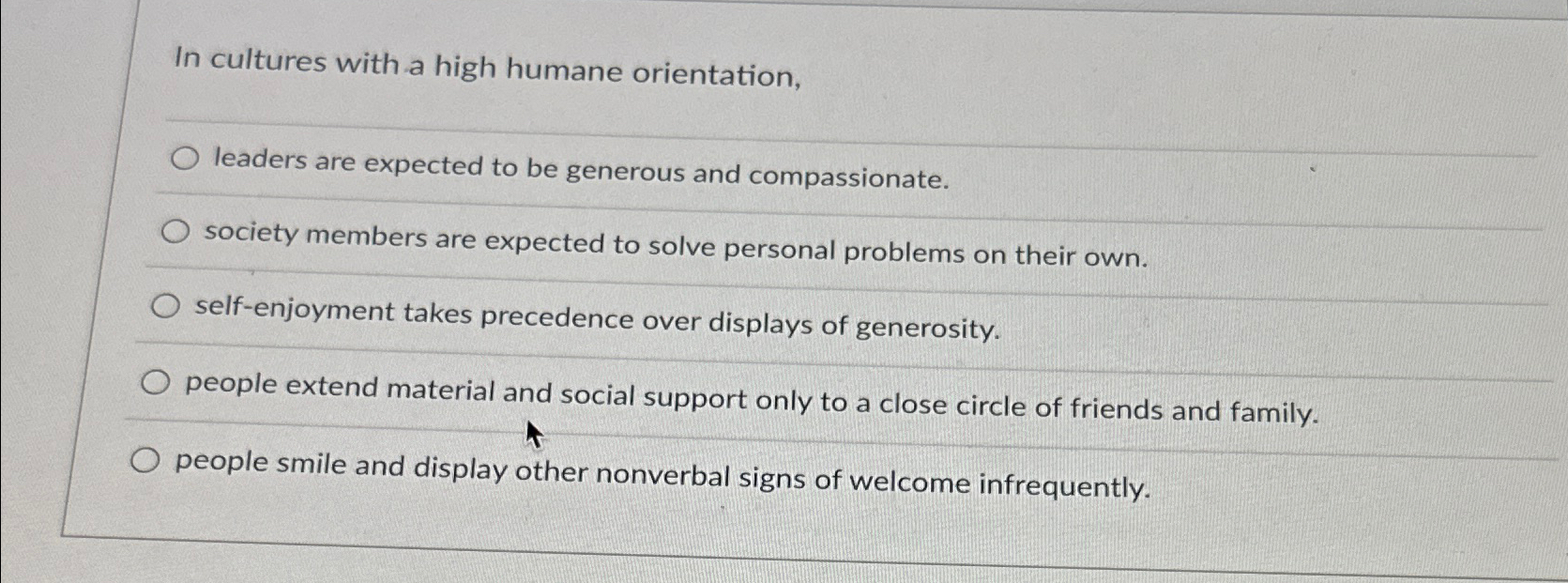 Solved In cultures with a high humane orientation,leaders | Chegg.com