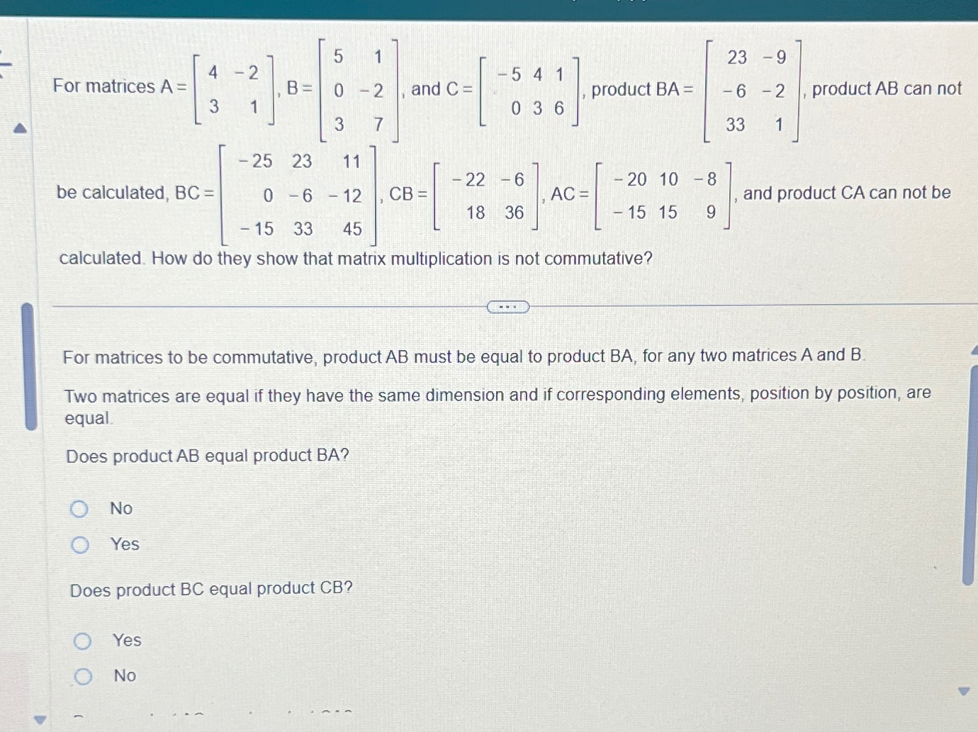 Solved For matrices A=[4-231],B=[510-237], ﻿and C=[-541036], | Chegg.com