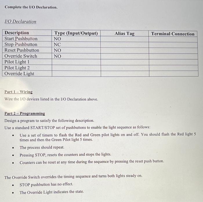 Solved Complete the I/O Declaration. I/O Declaration Part 1 | Chegg.com