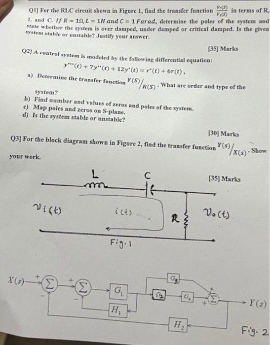 Solved V.(5) VI(S) in terms of R. Q1] For the RLC circuit | Chegg.com