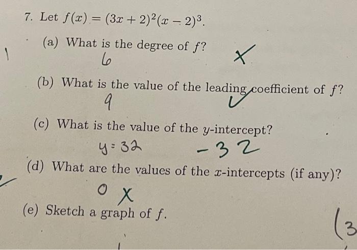 Solved 7. Let f(x) = (3x + 2)²(x - 2)³. (a) What is the | Chegg.com