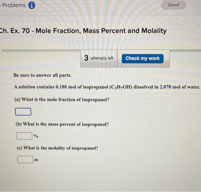 Solved h. Ex. 70 - Mole Fraction, Mass Percent and Molality | Chegg.com