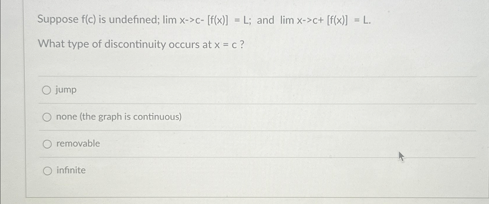 Solved Suppose f(c) ﻿is undefined; lim?x→-[f(x)]=L; and | Chegg.com