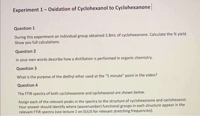 Solved Experiment 1 - Oxidation of Cyclohexanol to | Chegg.com