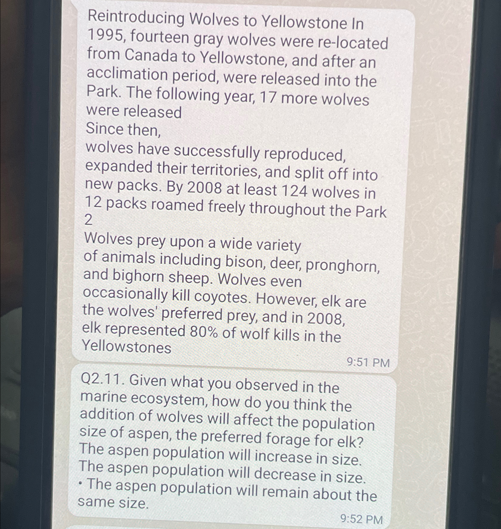 Solved Reintroducing Wolves to Yellowstone In 1995 , | Chegg.com