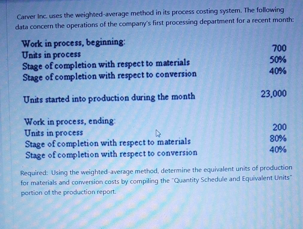 Solved Carver Inc. uses the weighted average method in its | Chegg.com