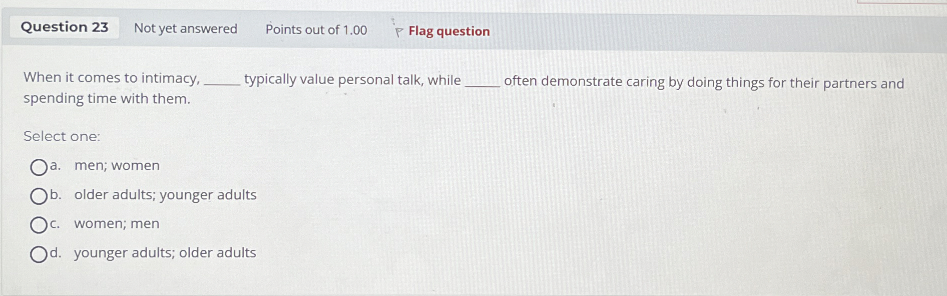 Solved When it comes to intimacy,typically value personal | Chegg.com