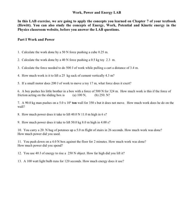 Solved Work, Power and Energy LAB In this LAB exercise, we | Chegg.com