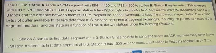 Solved The TCP in station A sends a SYN segment with ISN = | Chegg.com