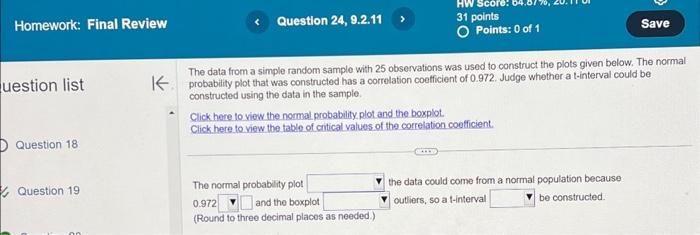 Solved The data from a simple random sample with 25 | Chegg.com