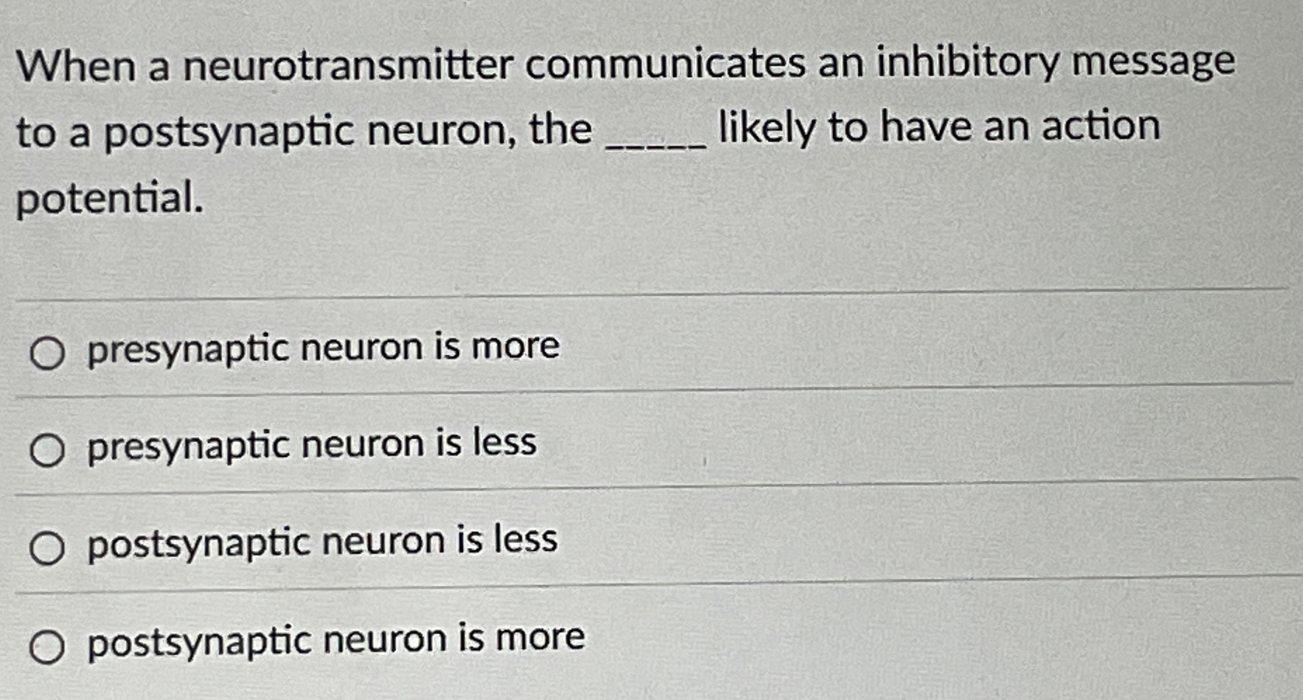 Solved When a neurotransmitter communicates an inhibitory | Chegg.com