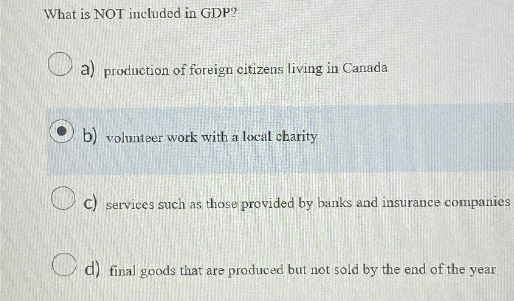 Solved What is NOT included in GDP?a) ﻿production of foreign | Chegg.com