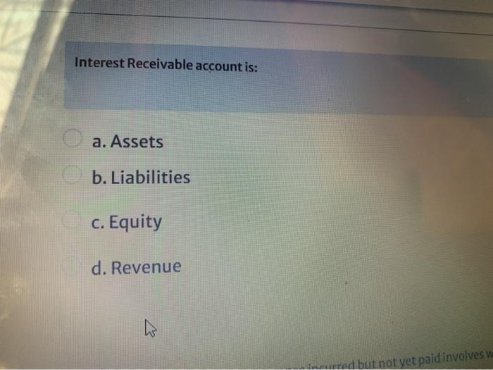 Solved Interest Receivable account is: a. Assets b. | Chegg.com