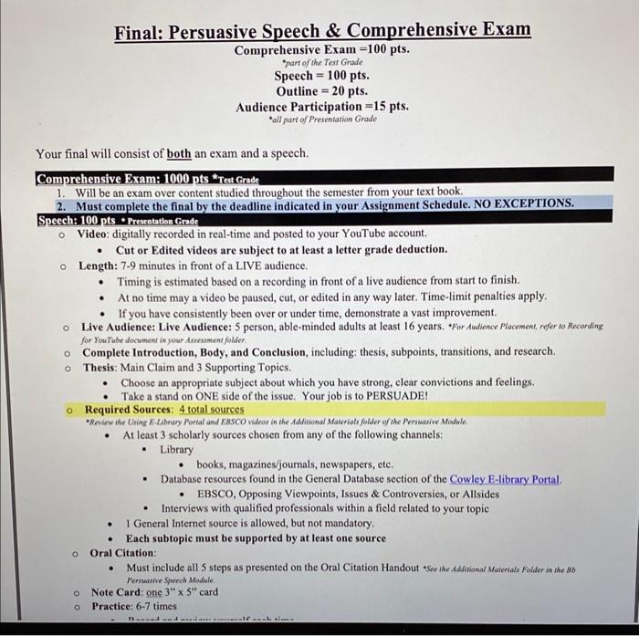 Final: Persuasive Speech \& Comprehensive Exam | Chegg.com