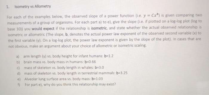 Solved 1. Isometry vs Allometry For each of the examples | Chegg.com