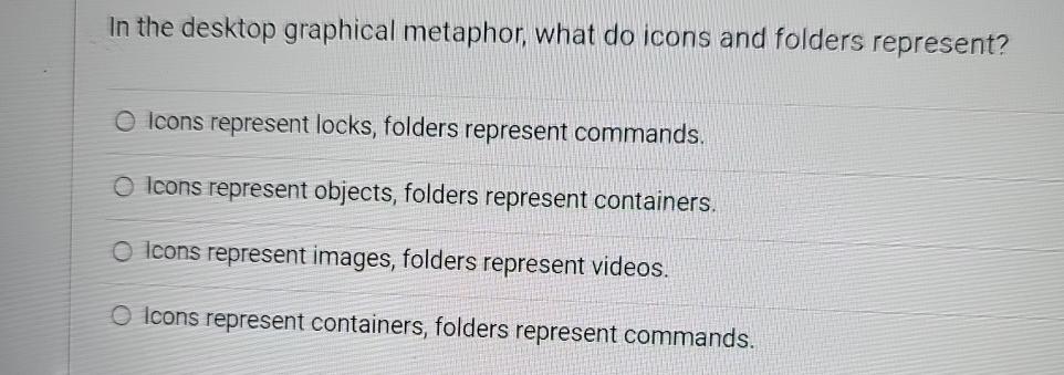 Solved In the desktop graphical metaphor, what do icons and | Chegg.com