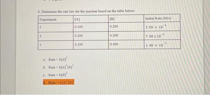 Solved 6. Determine the rate law for the reaction based on | Chegg.com