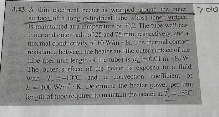 Solved 3.43 A thin electrical heater is wrapped around the | Chegg.com