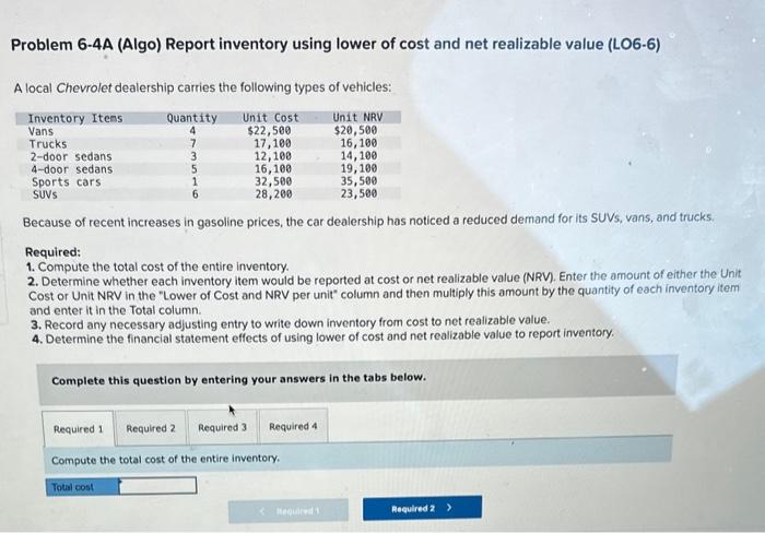 Solved Problem 6-4A (Algo) Report inventory using lower of | Chegg.com