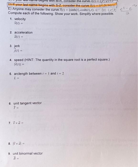 Solved 10. unit normal vector N= 11. curvature x= 12. | Chegg.com